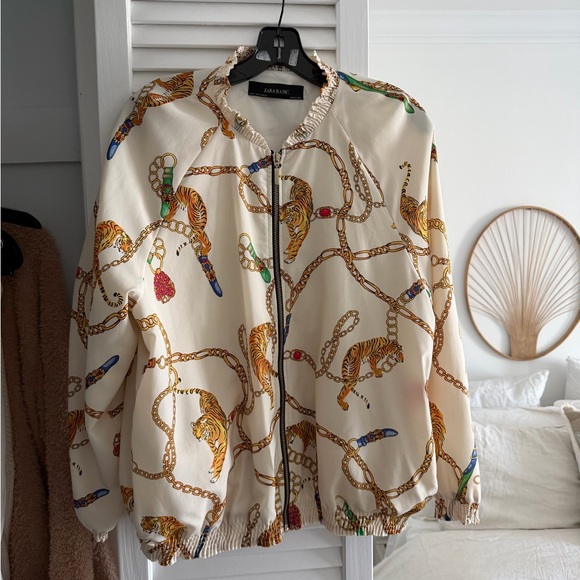 Zara | Jackets & Coats | Zara Cream Bomber Jacket With Tiger And Chain ...